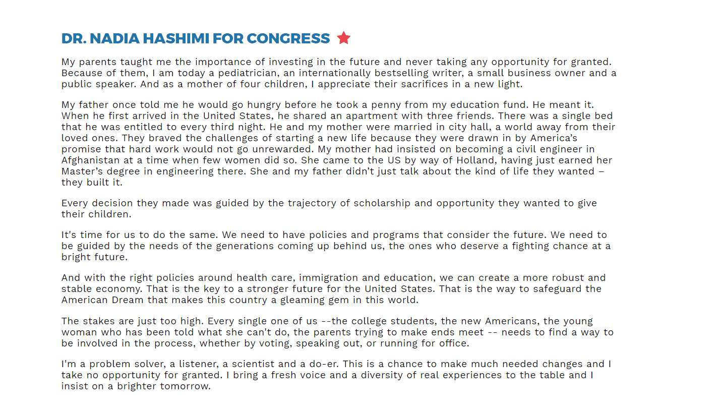 Nadia Hashimi's congressional website is live