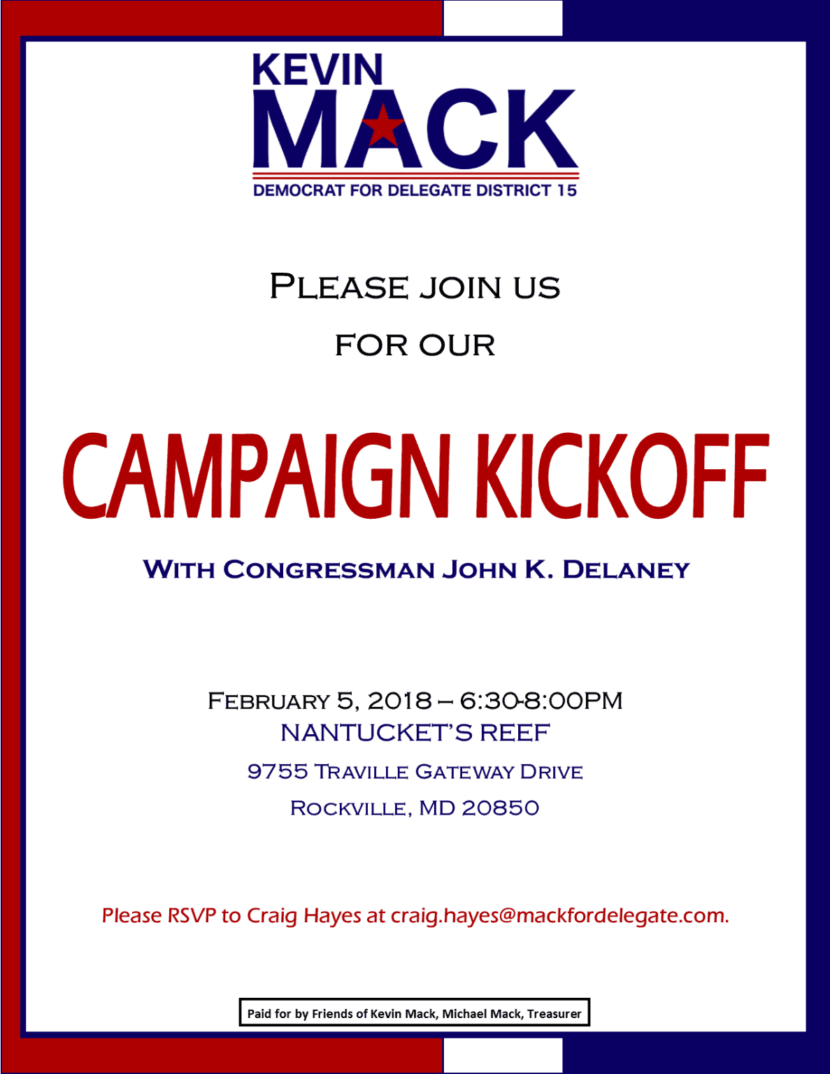 Mack joined by Delaney for Feb. 5 D-15 kickoff